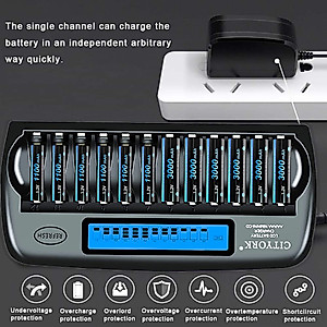 CITYORK 12 Slot LCD Smart Rechargeable Battery Charger Fast for 1.2V AA AAA NiMH Rechargeable Batteries with Car Charger