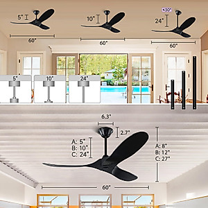 XCWIIE Modern Ceiling Fan No Light 60" Outdoor Ceiling Fans Black Ceiling Fan, Retro Wood Ceiling Fans, DC Motor, for Restaurant Living Room Bedroom Inverter Silent Fan with Remote Timing ​Function