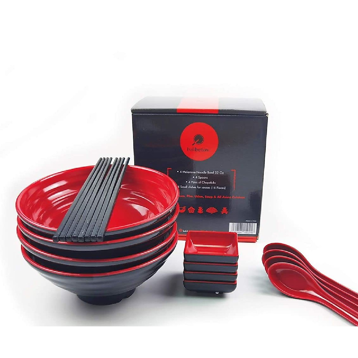 Goliber Ramen Bowl Set - Sushi Set - Set of 4-16pcs Includes Melamine Ramen Bowls, Chopsticks, Spoons and Small Dish for Sauce