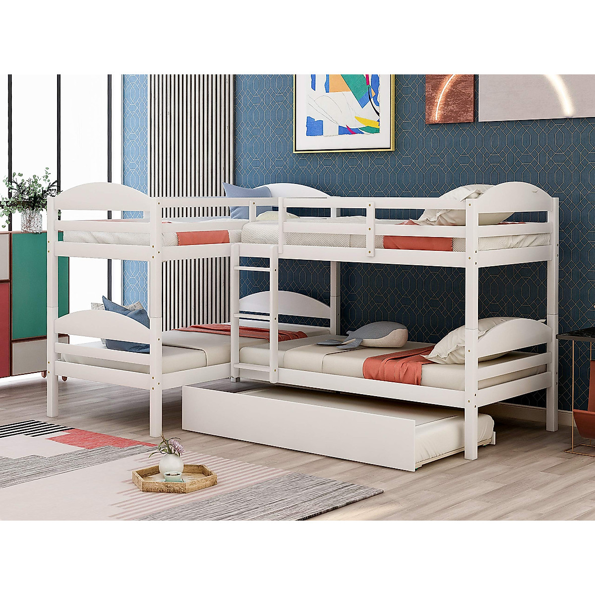 Harper & Bright Designs Quad Bunk Bed with Trundle, L Shaped Bunk Bed for 4 Kids, Wooden Twin Bunk Bed Frame for Kids Teens Adults - White