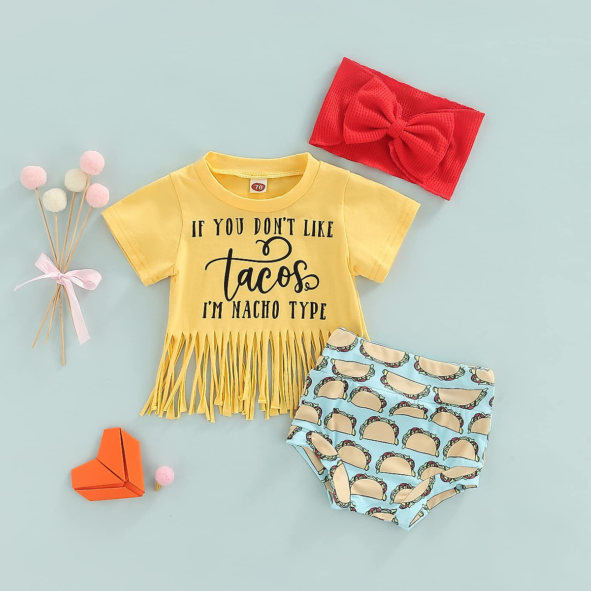 Newborn Infant Baby Girl Outfit 3pcs Letter Print Western Clothes Sets Short Sleeve Tassel T-Shirts Shorts (Yellow, 0-6 Months)
