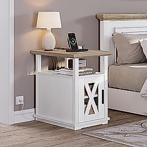 YITAHOME End Table with Charging Station, Narrow Side Table with Storage Adjustable Shelf, Farmhouse Nightstand with Door for Living Room, Bedroom, Grey Wash