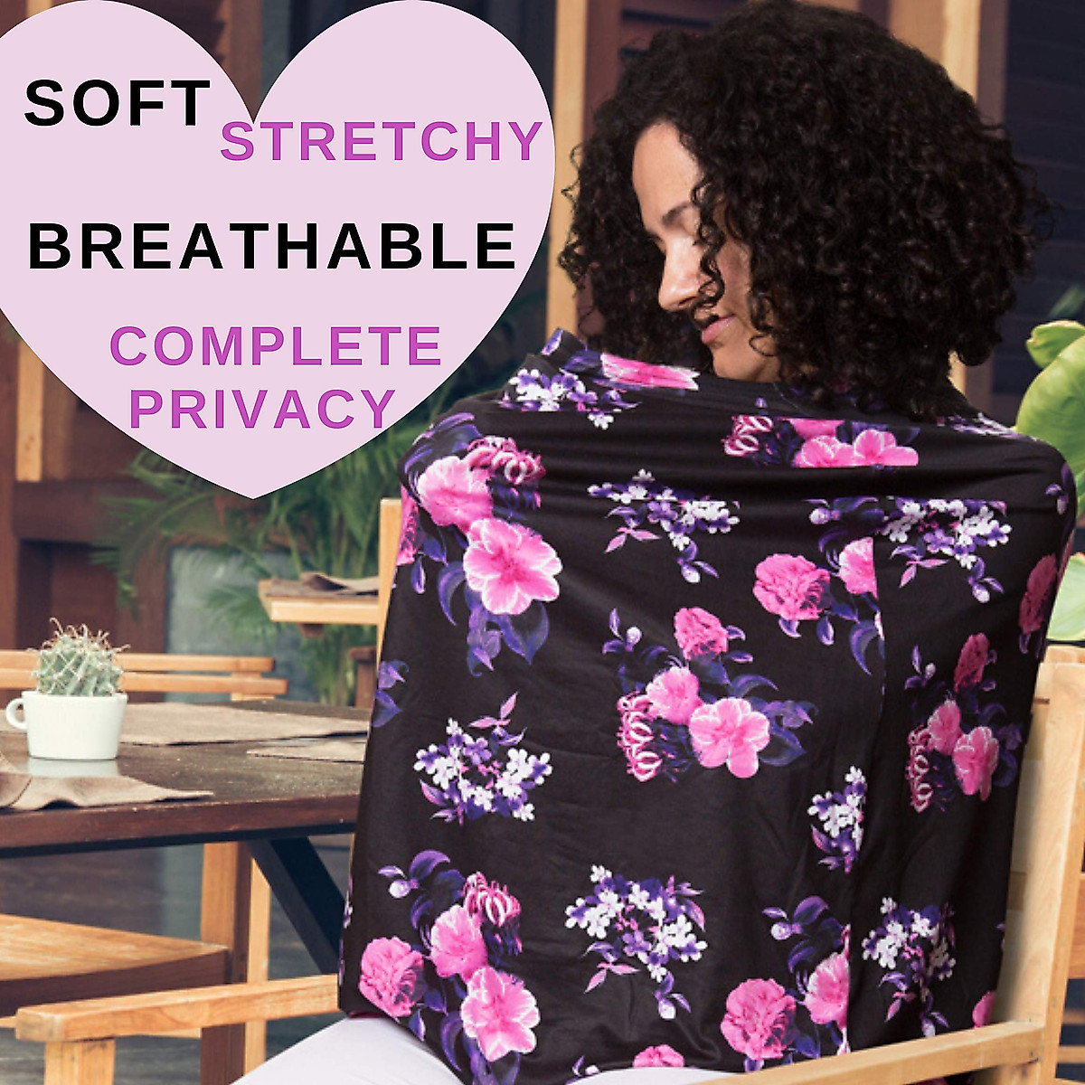 4 in 1 Car Seat Covers for Babies Girl, Nursing Cover Carseat Canopy, Soft and Stretchy Breastfeeding Scarf, Best Gift Set for Infant, Newborn - Floral Black Pink and Purple