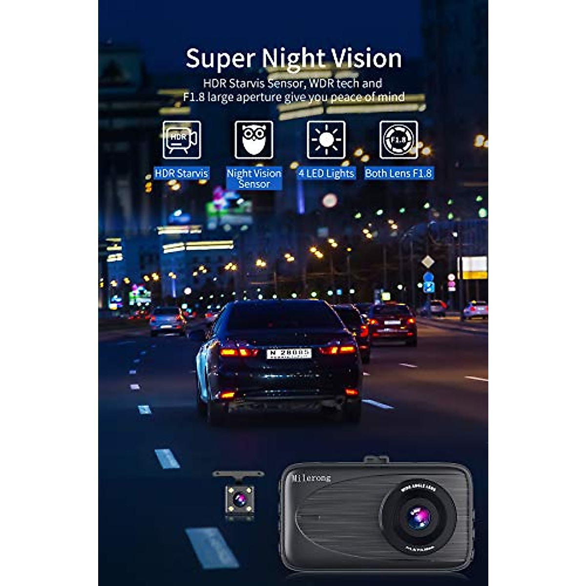 Dash Cam Front and Rear, Milerong 1080P FHD Dash Camera for Cars, 3" IPS Display Full HD170° Wide Angle Car Camera with Night Vision, G-Sensor, Loop Recording, Parking Monitor, Motion Detection, WDR