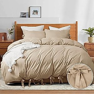PHF Khaki Duvet Cover Queen Size, Comfy Lightweight Skin-Friendly Comforter Cover Set with Bowknot Bow Ties, Soft Durable Bedding Collection with 2 Pillowcases for All Season, 90" x 90"