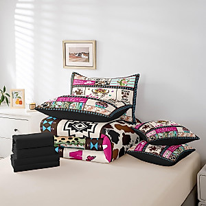 Feelyou Western Cowgirl Kids Comforter Set 7 Pieces, Cow Skull Print Bedding Twin with 1 Comforter,1 Fitted Sheet,1 Flat Sheet,2 Pillowcases,2 Throw Pillow Cover, Boho Cow Fur Bed Set for Boys Girl