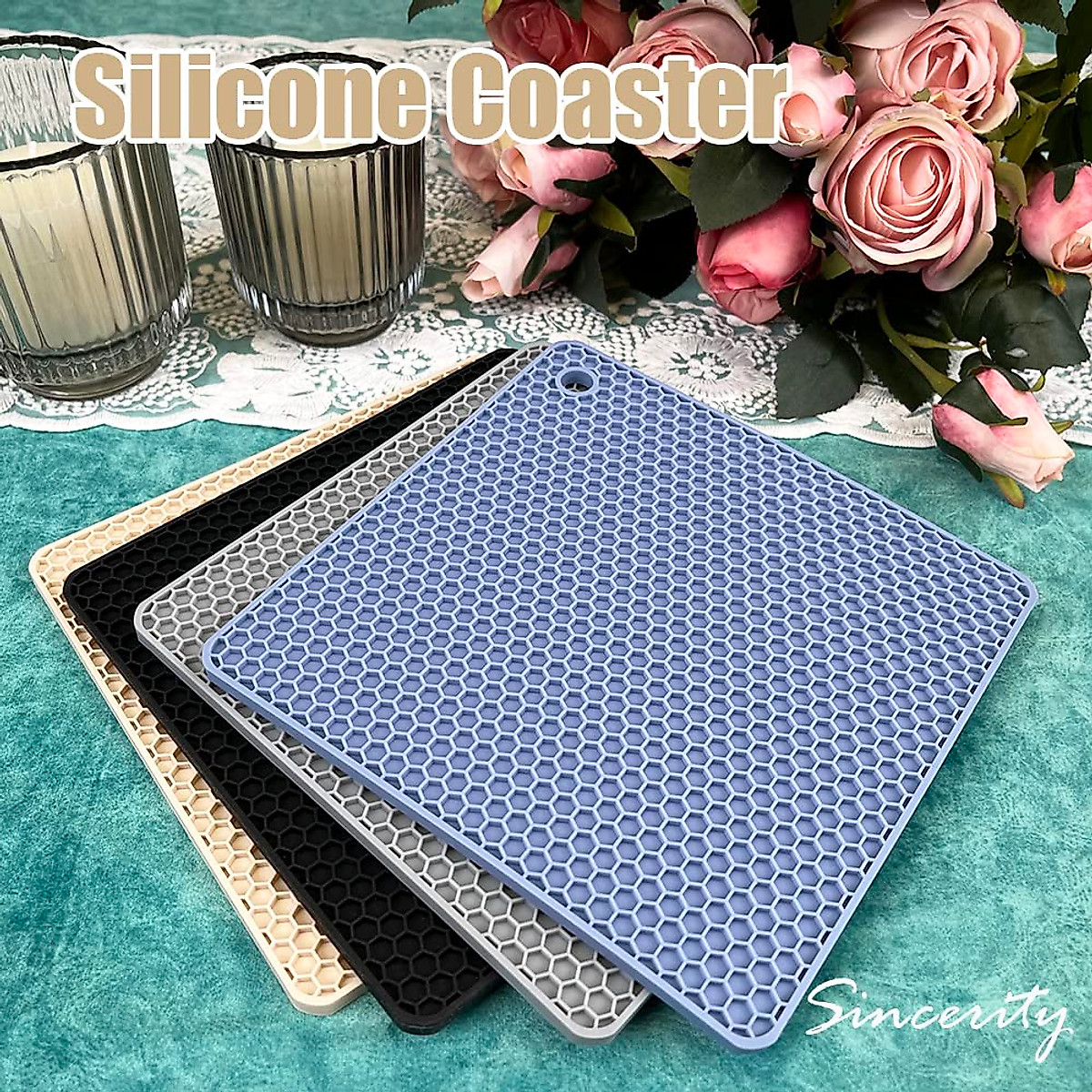 4 Pieces Silicone Trivet Mats, Hot Pot Holders, Kitchen Tools, Heat Resistant Non Slip Durable Pads for Hot Dishes Bowls, Jar Opener, Easy to Wash and Dry Hot Pan Cushions (Beige)