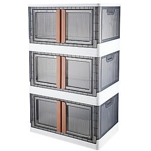 Joyoolife Folding Storage Bin with Lid, 3 PCS 25 Gallons (86Qt) Clear Folding Storage Cabinet with Doors,Collapsible Organizer with Wheels, Stackable Plastic Container for Quilts, Clothes, Books