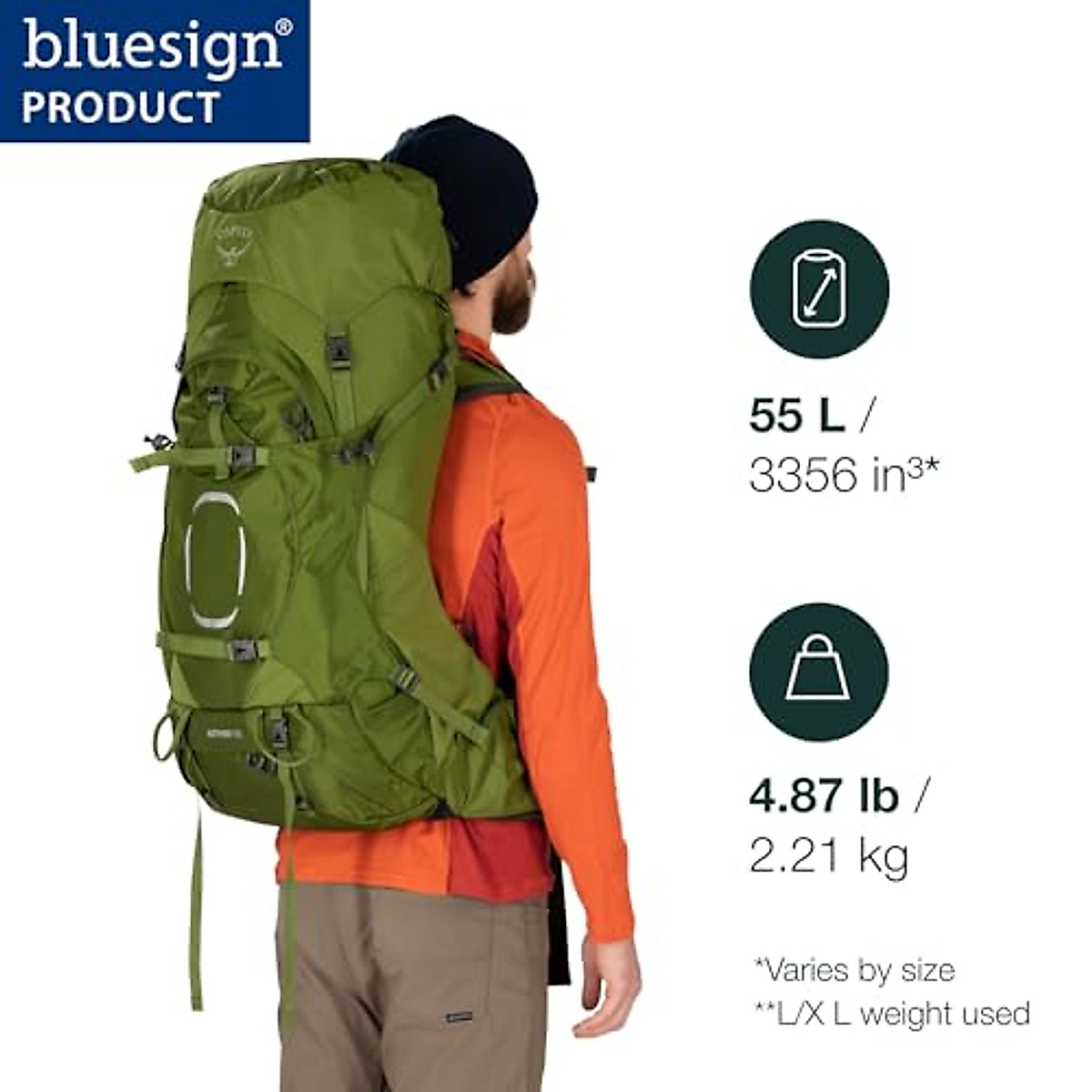 Osprey Aether 55L Men's Backpacking Backpack, Garlic Mustard Green, S/M