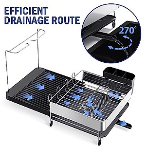 KINGRACK Dish Drying Rack - Extendable Dish Rack - Durable Stainless Steel Dish Drainer for Kitchen Counter with Drainboard Set, Swivel Spout,Utensil Holder