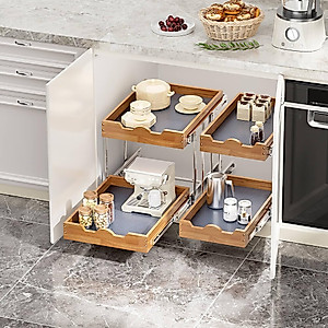 OCG Pull Out Drawers For Cabinets 14" W x 21" D, 2 Tier Heavy-Duty Slide out Wood Drawer Shelf, Pull Out Drawer for Cabinets, Base Cabinet Organization ​for Kitchen, Pantry, Bathroom