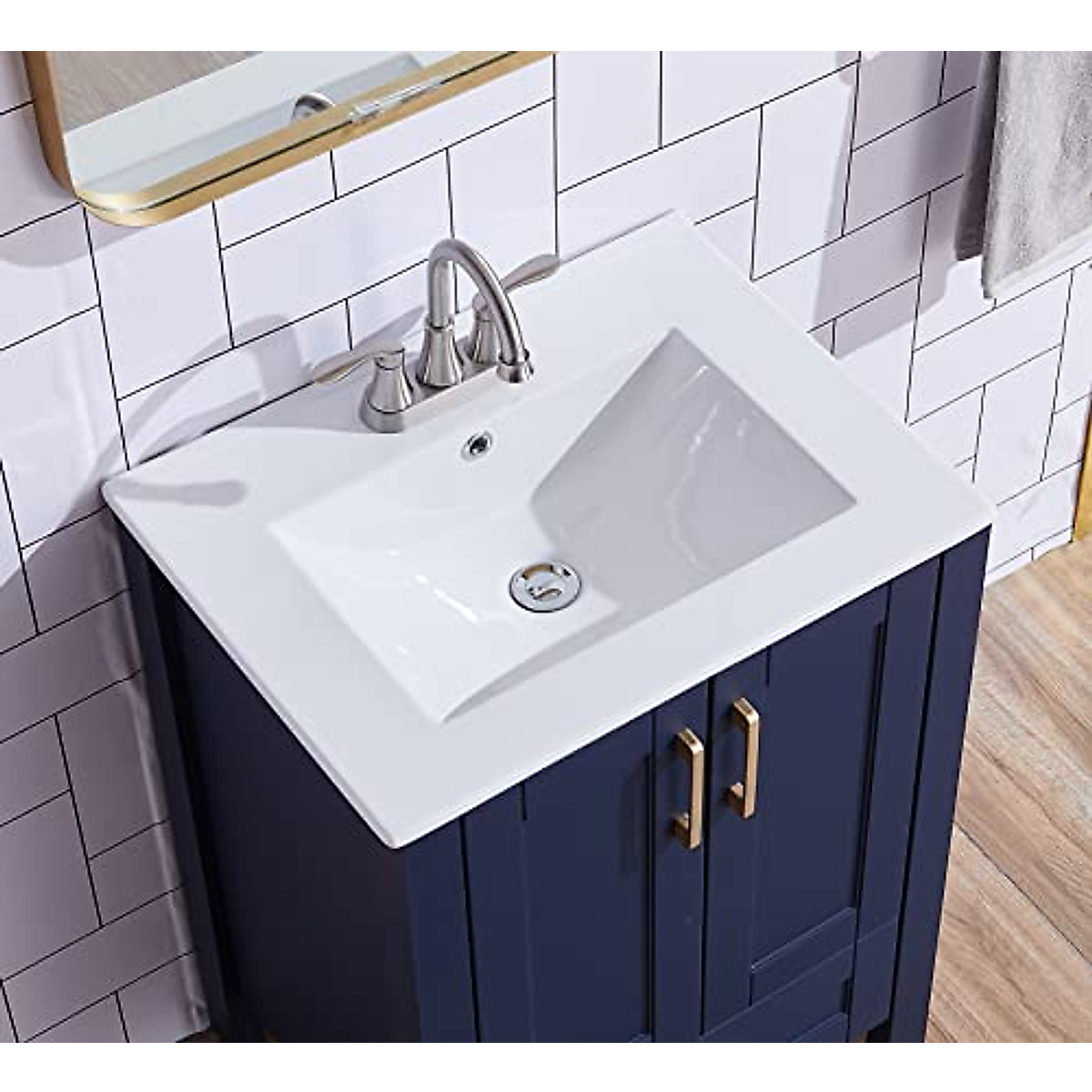 Popity home 24 Inch Bathroom Vanity with Sink,Blue Bathroom Sink Cabinet,Small Bath Vanity with White Three Hole Ceramic Sink, Gold Handle Bathroom Vanity