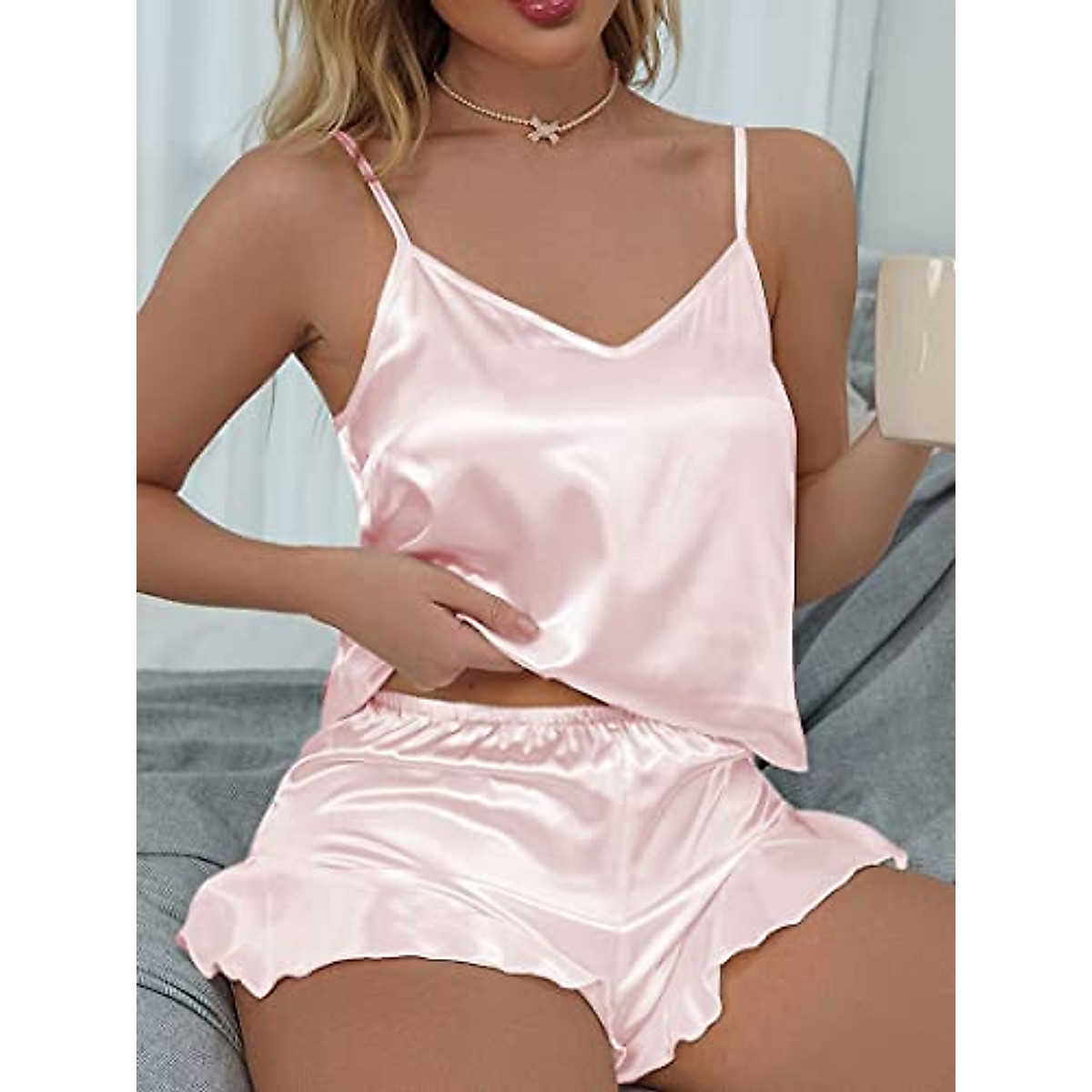 Pajamas for Women Silk Sleepwear Sexy Lingerie Satin Cami Shorts Set Nightwear Pink M