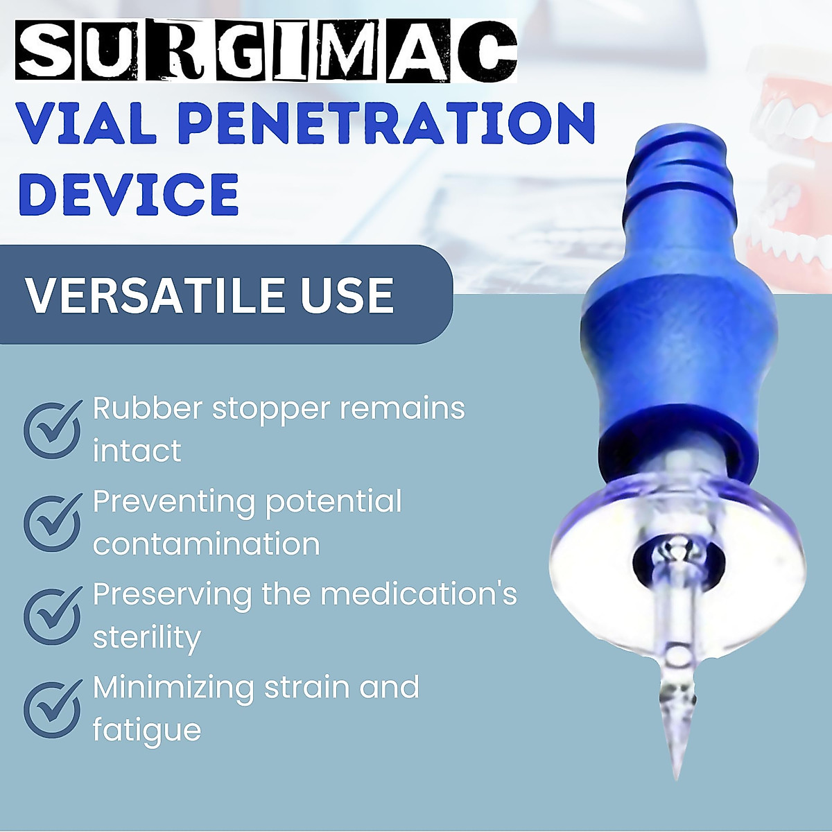 SurgiMac Vial Spike Clave Latex Free Secure Vial Penetration Device Needleless Ergonomic Grip Vial Adapter for Glass Vials Multi Dose Spike for Accessing Glass Vials Medical Supplies – Case of 50