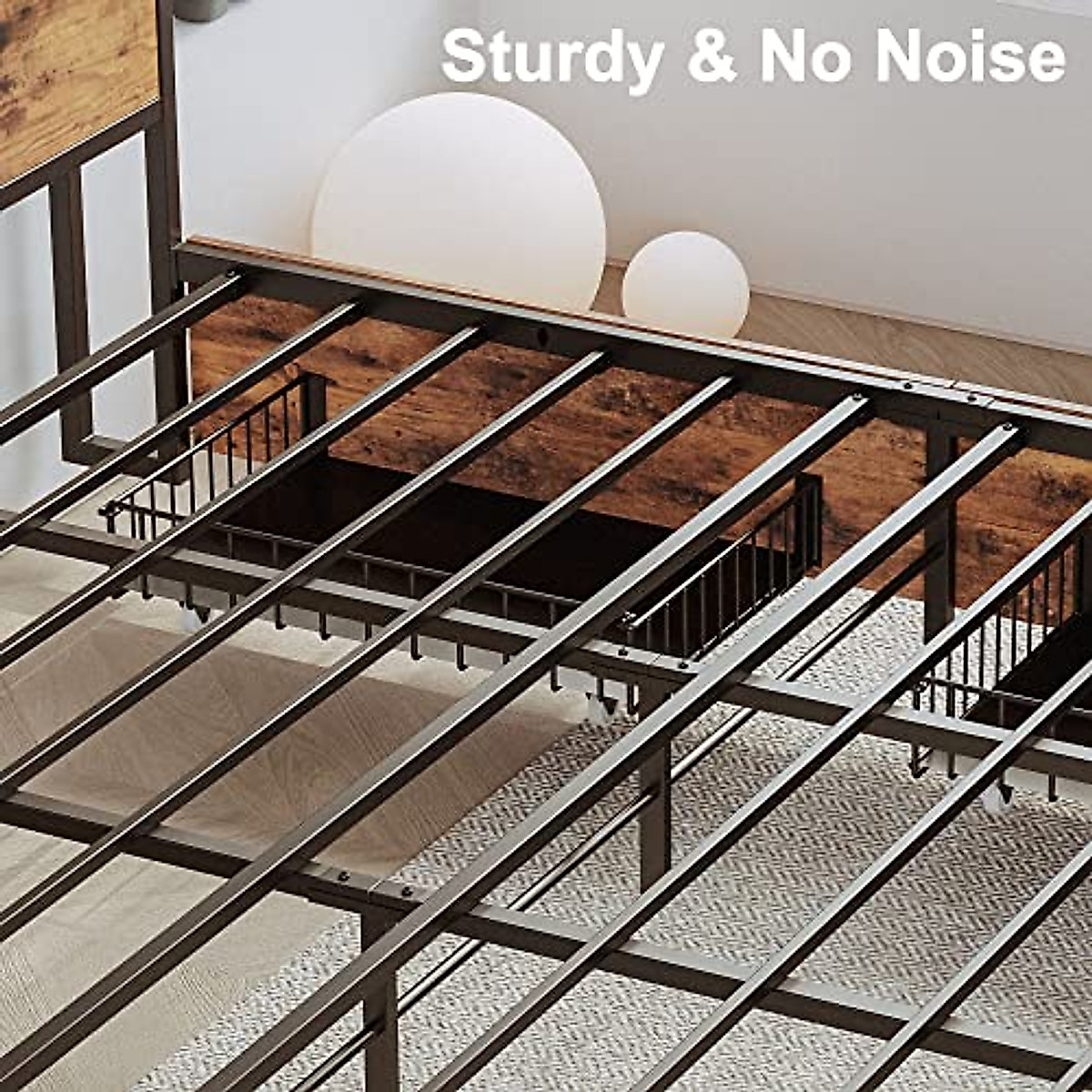 LIKIMIO King Bed Frame with Storage Drawer, 2-Tier Storage Headboard with Charging Station, No Box Spring Needed, Easy Assembly, Vintage Brown