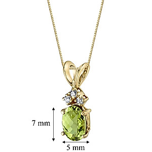 PEORA 14K Yellow Gold Peridot and Diamond Pendant for Women, Genuine Gemstone Birthstone, Hypoallergenic Solitaire, Oval Shape, 7x5mm, 1 Carat total