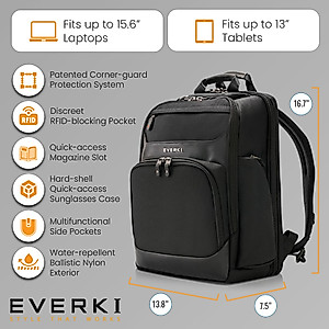 EVERKI Onyx Premium Business Executive 15.6-Inch Laptop Backpack, Ballistic Nylon and Leather, Travel Friendly (EKP132),Black
