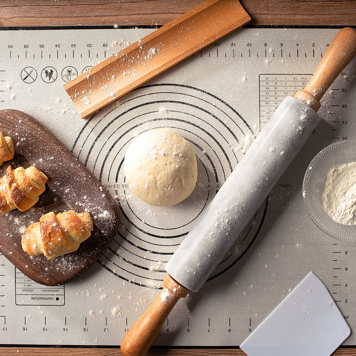 PARMEDU Solid Marble Rolling Pin Set with Wooden Base, Silicone Baking Mat and Dough Scraper, 10-inch Roller White, Model BK003