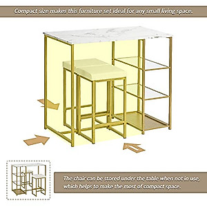 SIYAHOME Table & Chair 3-Piece Modern, Artificial Dining Table Set with Faux Marble Countertop and Bar Stools and 2 Eextra Thick Cushions for Cafe, Pub, Club, White + Gold
