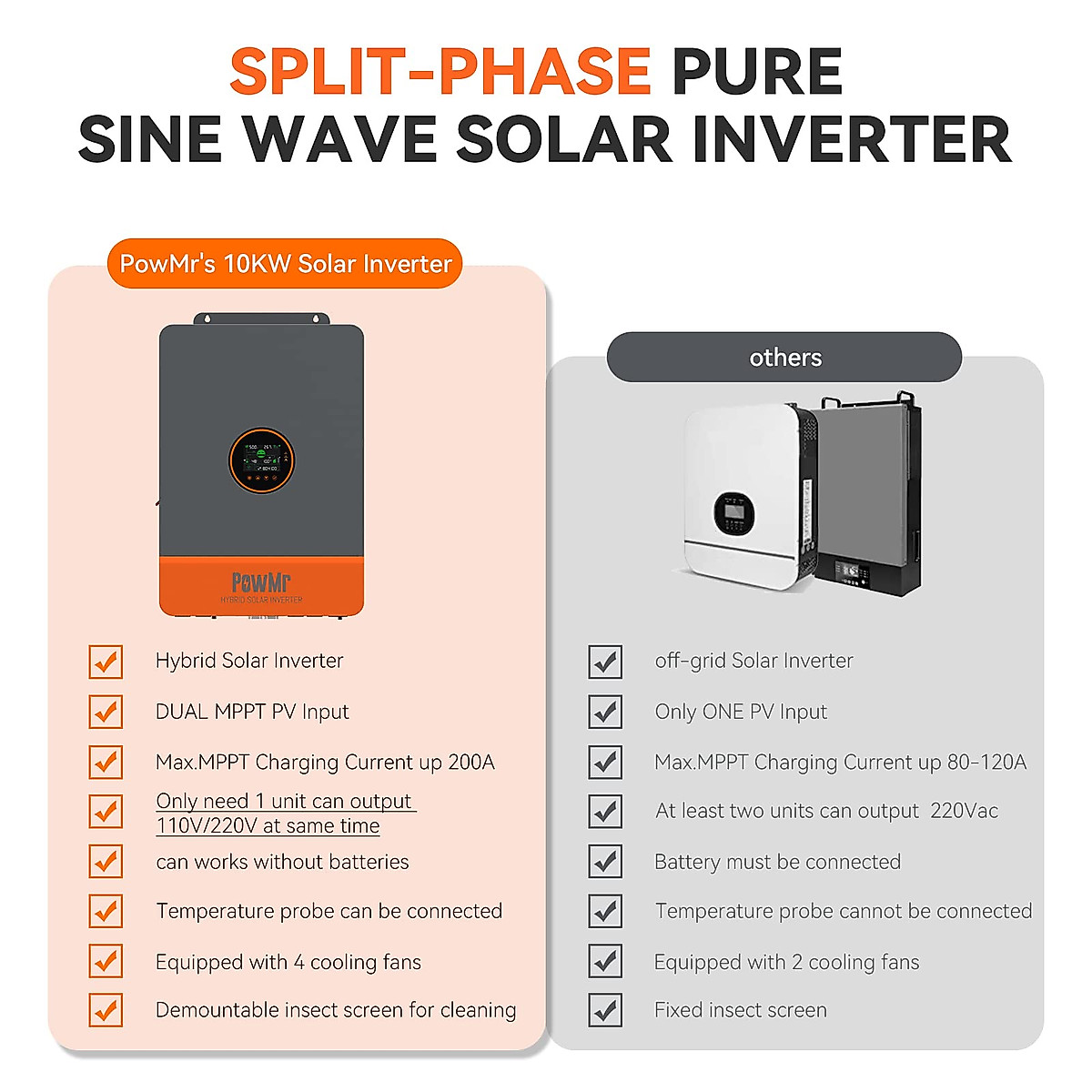 Split-Phase Solar Inverter 10000W 48V to 120V/240V, UL1741 10K Pure Sine Wave Power Inverter Built-in 200A MPPT Controller and 120A AC Charger, for Lead Acid Lithium Battery and Batteryless Run