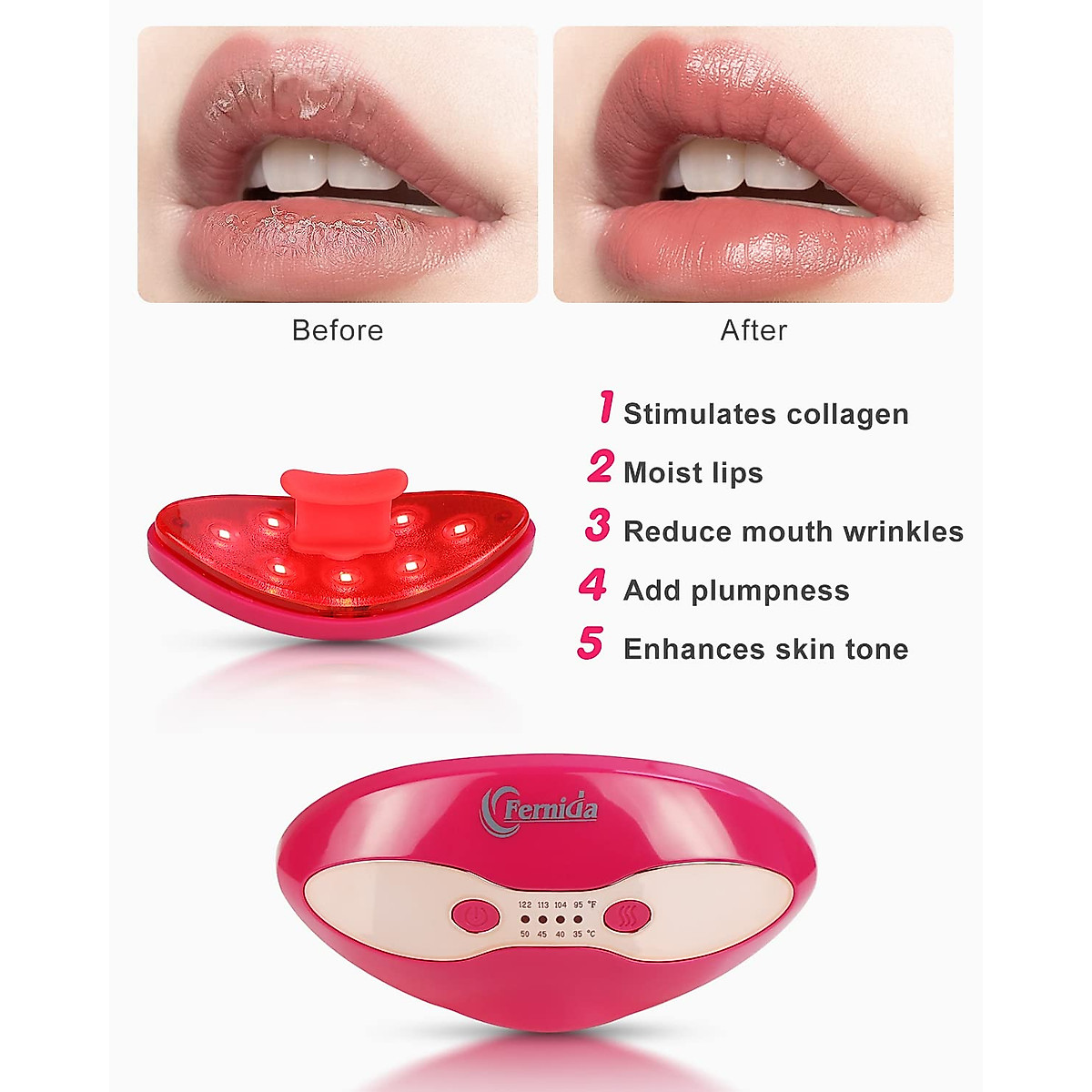 FERNIDA Red Light Device, 2 in 1 Lip and Eye Care Tool with Heated for Anti-Aging, Smooth Lip Wrinkles, Lip Plumper and Reduce Dark Circles,4 Levels Heating Temps, Red