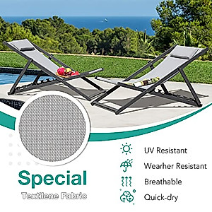 Patiorama Outdoor Folding Beach Sling Chairs Set of 2, Aluminum Patio Lounge Chair, Portable Beach Chairs, Adjustable Reclining Chairs w/Cushioned Headrest for Pool, Dark Grey Frame & Grey Mesh