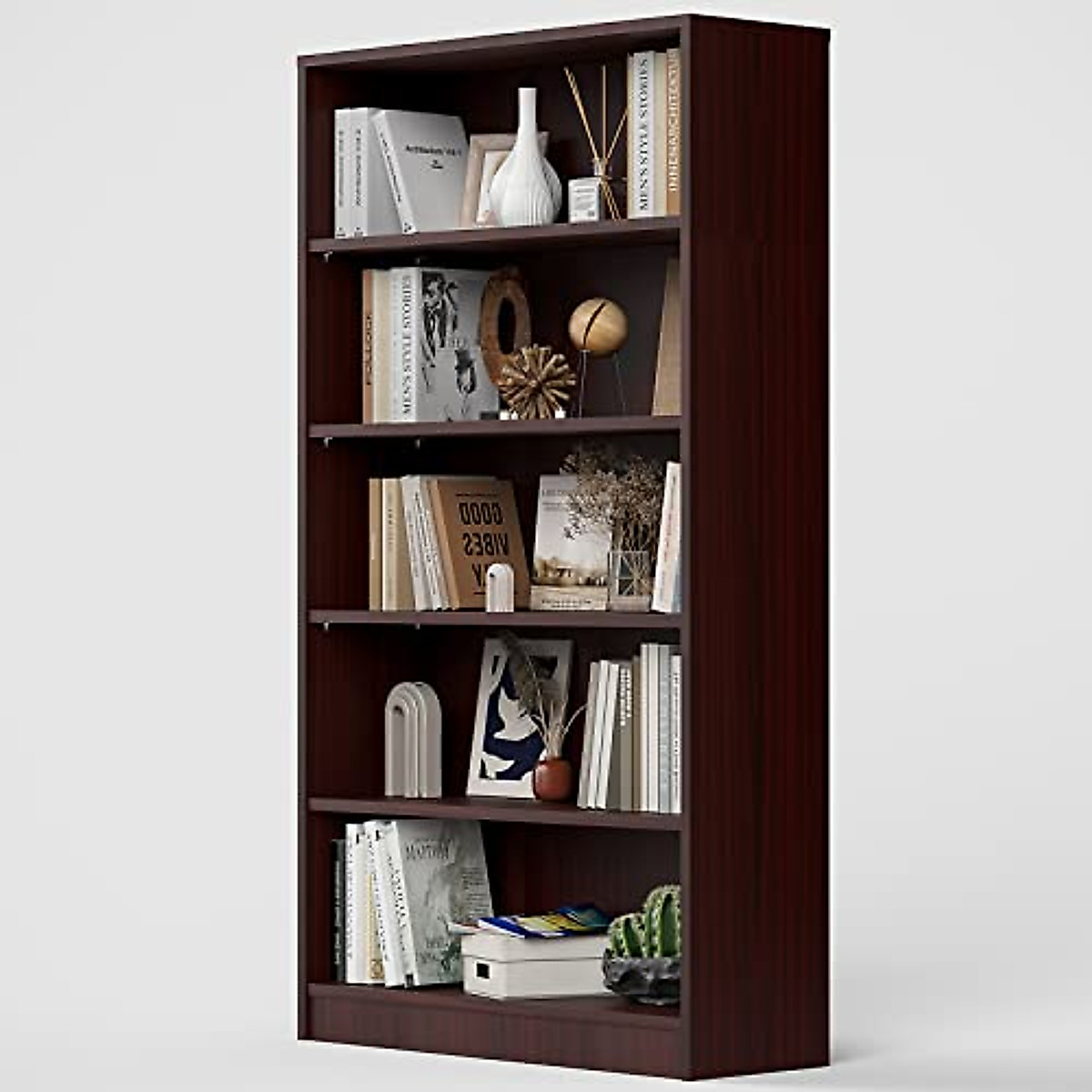 STARY 5 Shelf Bookcase Mahogany Tall Bookshelf for Bedroom 5 Tier Modern Wood Bookshelf 33" Wide 60" Tall