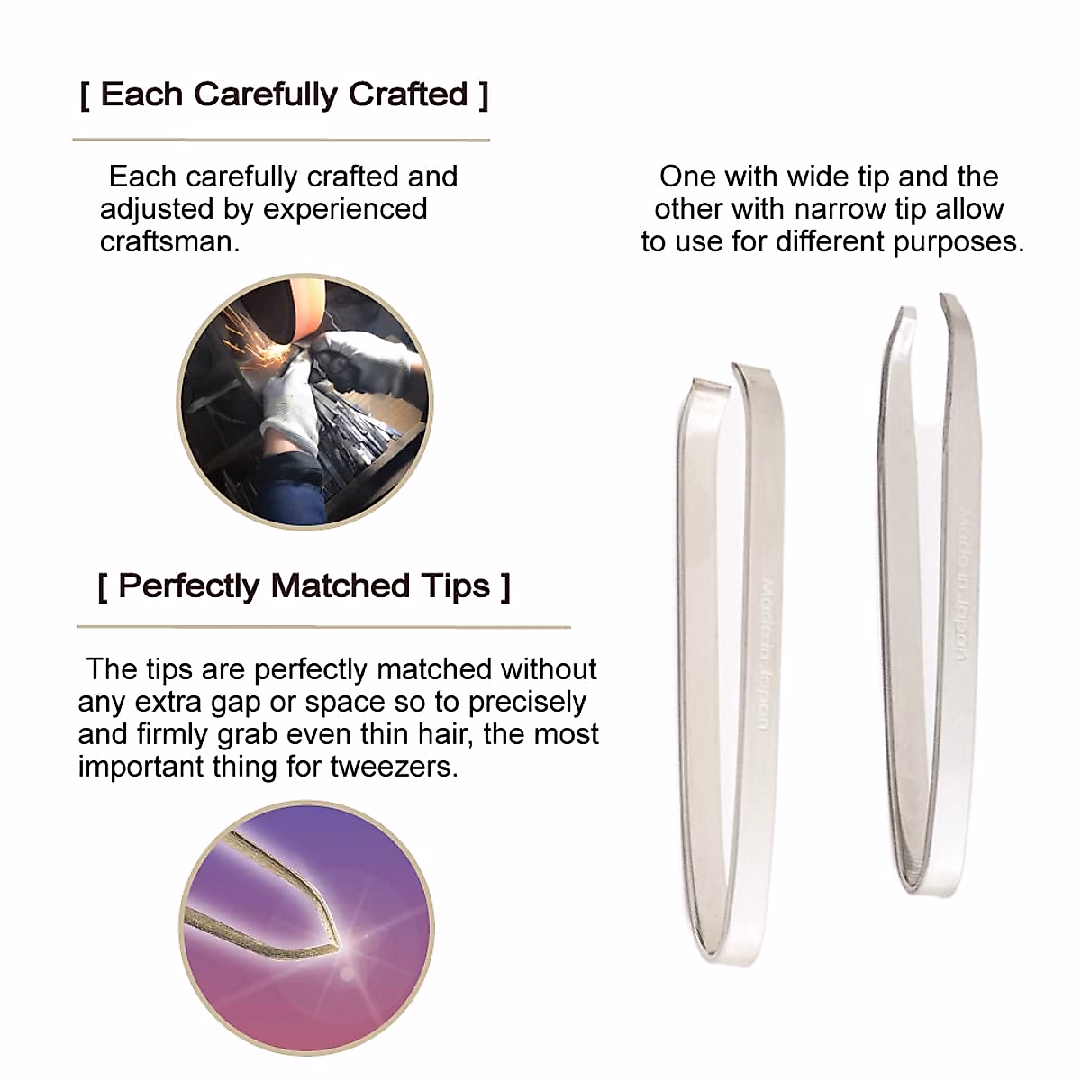 Eyebrow Tweezers [ Made in Japan ] 2 Pieces Set, Professional Hande Made Sharp Tweezers for Men and Women (SK-2)