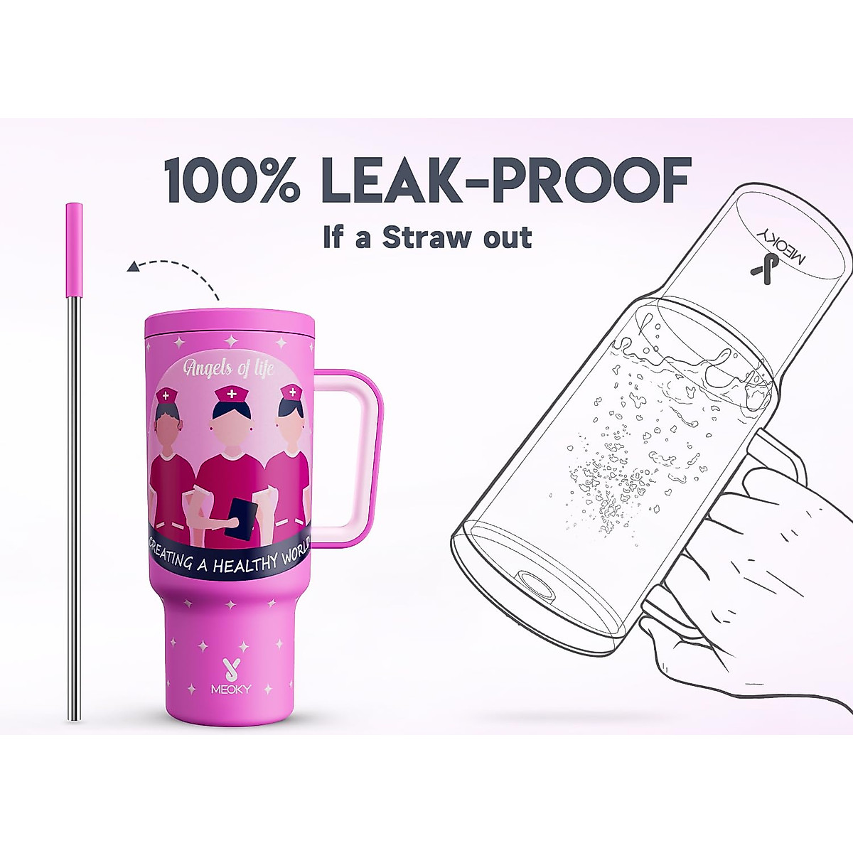 Meoky 40 oz Tumbler with Handle and Straw, Tumbler with Lid and Straw, Insulated Stainless Steel Travel Mug, 100% Leak-proof, Keeps Cold for 34 Hours (Appreciation)