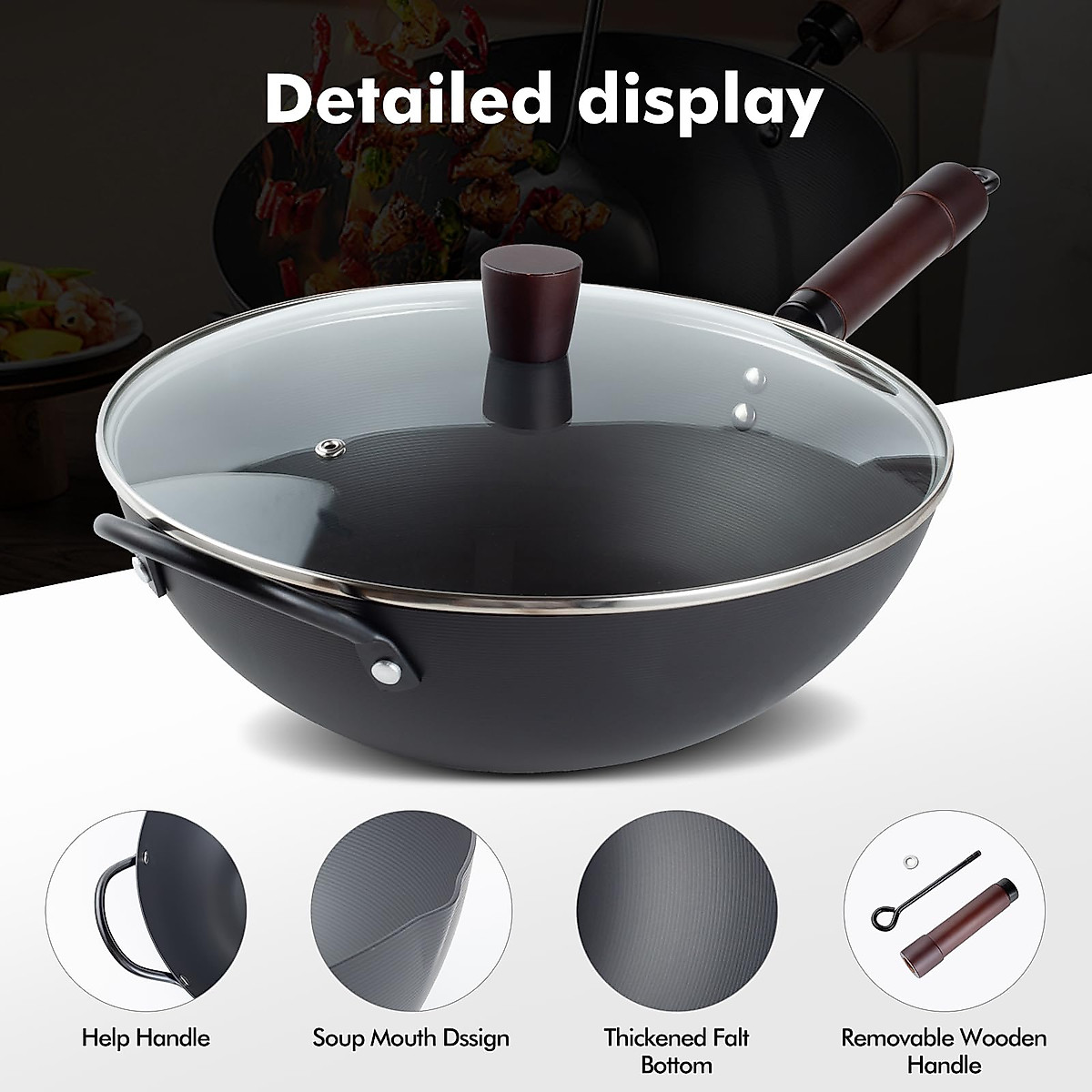 Vegoran Carbon Steel Wok Pan,12.5" Non-Stick Woks & Stir-Fry Pans with Glass Lid,No Chemical Coated Flat Bottom Iron Wok for Induction,Electric,Gas,Halogen,All Stoves-Practical Gift (12.5")