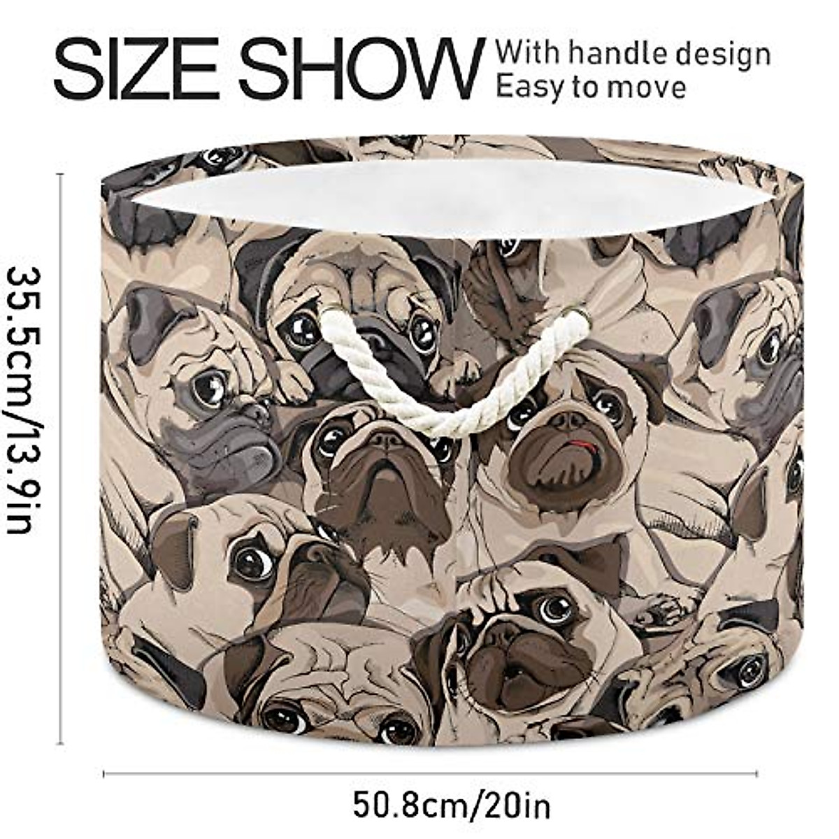 MNSRUU Storage Basket 20"x14" Vintage Cute Pug Dogs Collapsible Organizer Basket with Handles, Fabric Nursery Laundry Basket Large Capacity