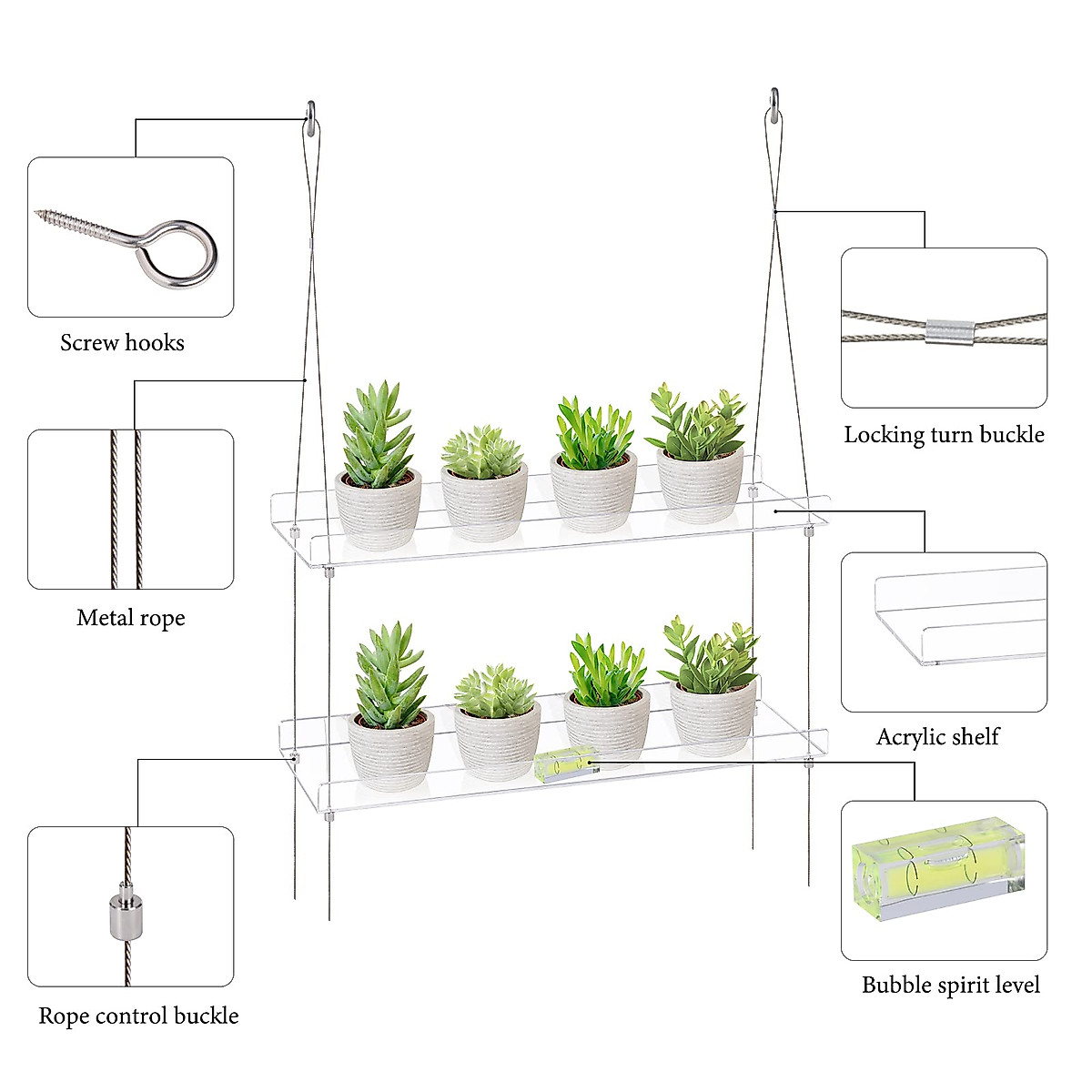 Sumerflos 2-Tier Acrylic Plant Shelves for Window of Kitchen, Bedroom, Living Room, 16 Inch Window Wall Flower Double Hanger Boxes, Height Adjustable Hanging Shelves for Indoor Plants, Succulents