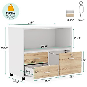 Tribesigns 3 Drawer File Cabinet with Lock, Mobile Lateral Filing Cabinet with Rolling Wheels, Large Printer Stand with Open Storage Shelves for Home Office