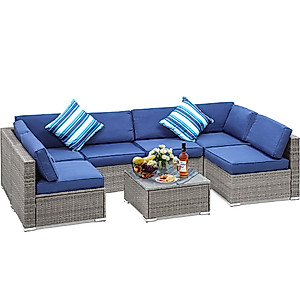 YITAHOME 7 Pieces Patio Furniture Set, Outdoor Sectional Sofa PE Rattan Wicker Conversation Set Outside Couch with Table and Cushions for Porch Lawn Garden Backyard(Gray+Blue)
