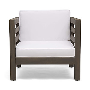 GDFStudio Outdoor Acacia Wood Club Chair with Cushion, Gray Finish and White