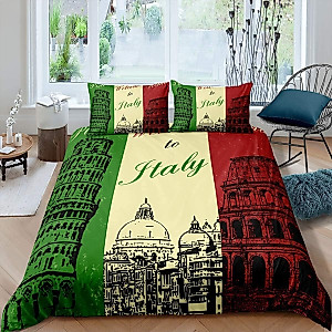 Italy Duvet Cover Twin Size Architecture Bedding Set Soft Microfiber Comforter Cover with Zipper Closure, 3D Print Quilt Cover 68x90 Inches with 2 Pillow Shams 3347a