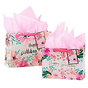 YE GIVING Happy Birthday Gift Bags With Tissue 9"x4"x7" 4 Pack. 2 Designs. Includes Tissue Paper And Tags.