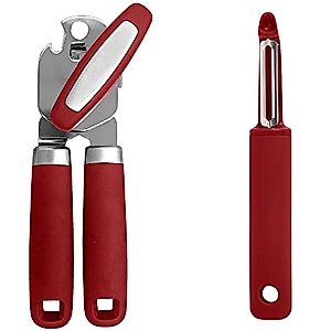 Gorilla Grip Hand Held Can Opener and Vegetable Peeler, Large Lid Openers Rust Proof, Kitchen Food Peelers Safe Blade Guard, Both in Red, 2 Item Bundle