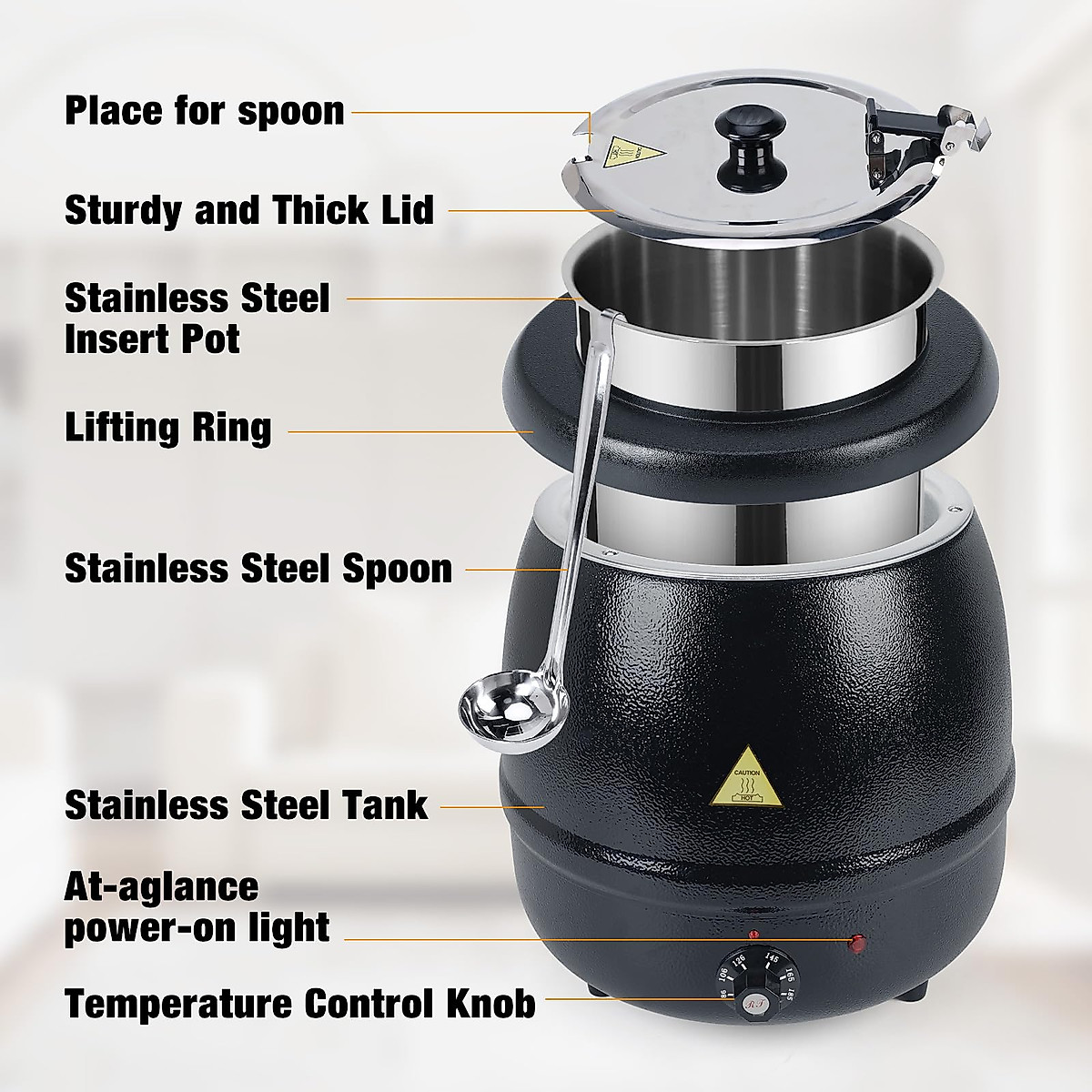 Funyee 10.5QT Commercial Grade Soup Kettle with Stainless Steel Hinged Lid, 110V Commercial Soup Warmer for Big Family Gathering and Restaurant (440W)