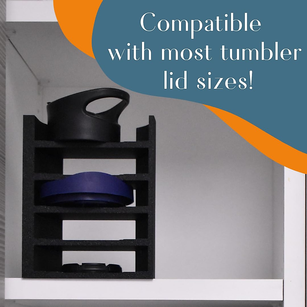 Lid Organizer Rack Compatible With Yeti Rambler & Tumblers | 5 Lid Organizer Fits Most Sizes Tumbler Lids Plus Metal Straw Storage | Made in USA (Black)