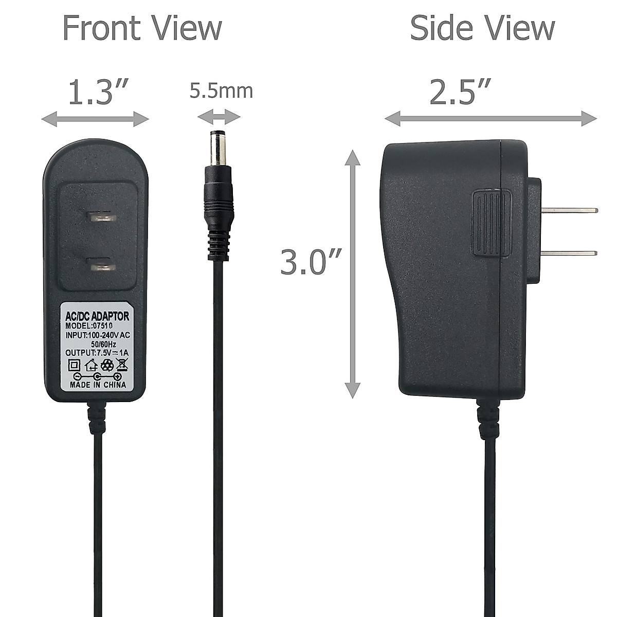 EIKS AC/DC Wall Adapter Replacement Power Supply - 7.5V 1A - Tip:5.5 x 2.5mm / 5.5 x 2.1mm with Positive Center