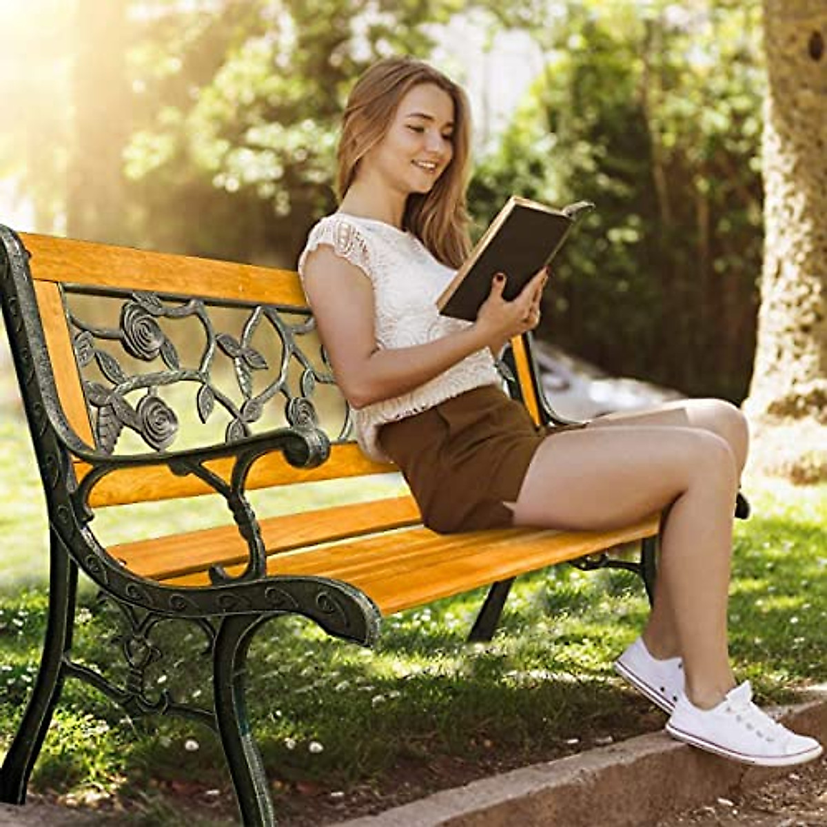 Metal Outdoor Bench Patio Bench Cast Iron Steel Frame Garden Bench Patio Furniture Chair Outdoor Bench w/Floral Design Backrest, Wood Slatted Seat for Park, Yard & Porch, Bronze