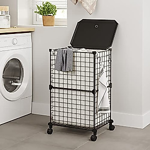 WOWLIVE Iron Wire Laundry Hamper with Lid, Foldable Laundry Basket with Wheels and Removable bags，Collapsible Dirty Clothes Hamper Organizer Dorm Room Storage for Bedroom, Bathroom (Black)