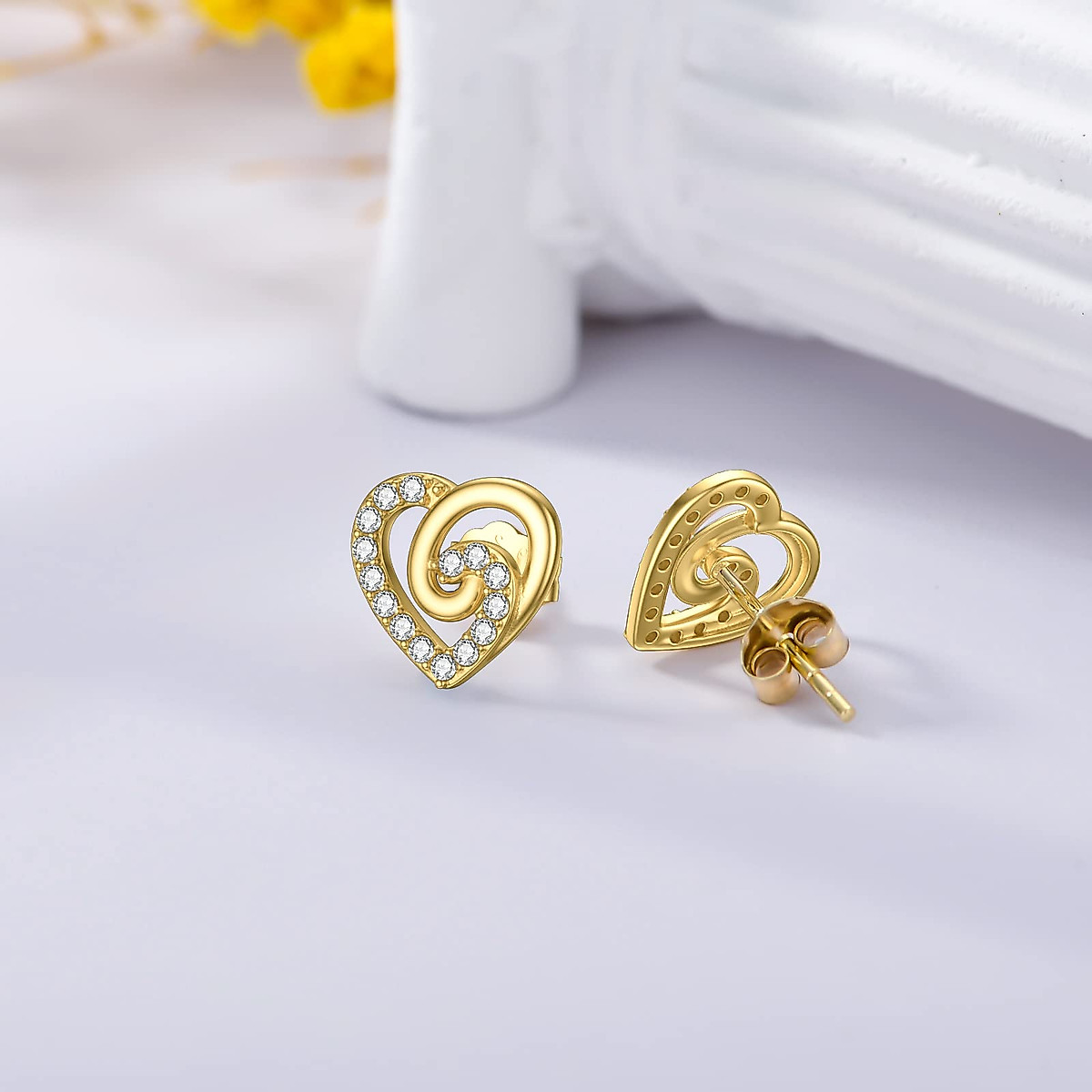 14K Gold Heart Stud Earrings for Women Real Yellow Gold Earrings Studs with Cubic Zirconia Birthday/Aniversary/Christmas Gifts for Mom Daughter Ladies Her (Yellow Gold)