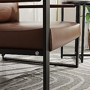 Lamerge Leather Accent Chair Sofa Chair with Extra-Thick Padded Backrest and Seat Cushion Single Sofa for Living Room Bedroom, Black Metal Frame, 105 Degree Slant Back, Brown,Set of 1