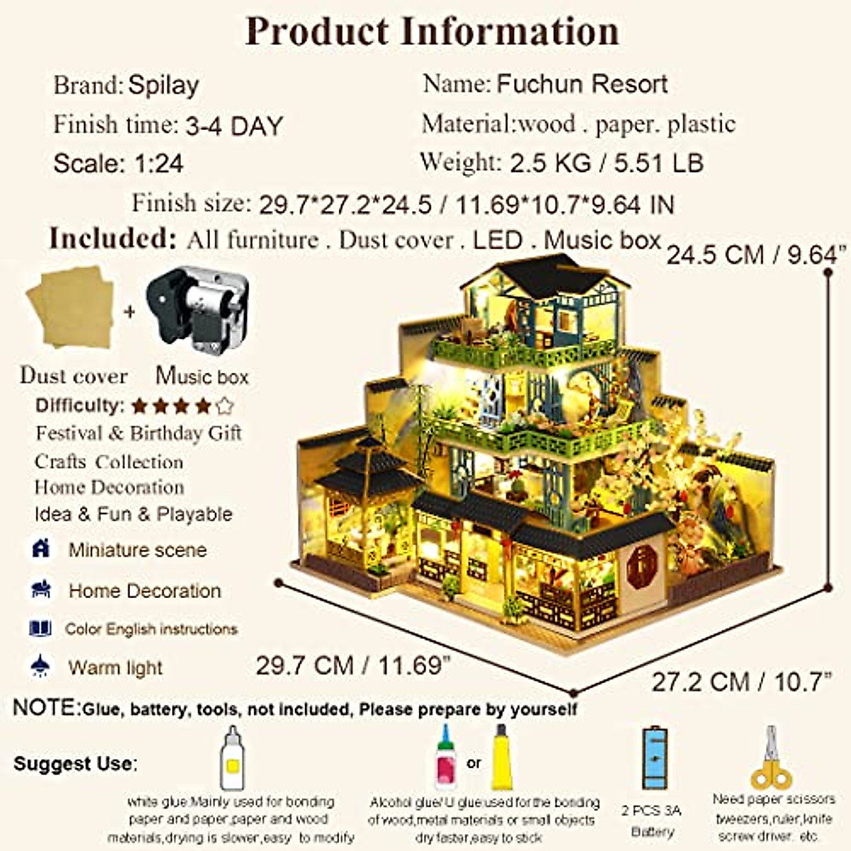 Spilay Dollhouse DIY Miniature Wooden Furniture Kit,Mini Handmade Big Castle Model with LED & Music Box,1:24 Scale Creative Doll House Toys for Adult Gift