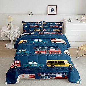 Feelyou Fire Truck Blue Comforter Set,Police Car Down Comforter Twin Size,School Bus Bedding Set for Kids Boys Teens Youth,Equipped Truck Cartoon Vehicle Quilt Duvet Insert Bedroom Dorm Decor 2 Pcs