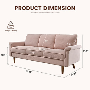 ovios Modern Corduroy Couch with Cloud Cushion,Comfy 3 Seater Sofa with Deep Seat,Comfortable Small Sofas for Small Space Living Room Bedroom Office Apartment (Pink)