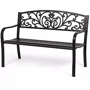 500 Lb Heavy Duty & Durable 2-3 People Comfortable Seat Patio Garden Bench Park Yard Outdoor Furniture Solid Anti-Rust Steel Frame Porch Chair Seat for Garden, Park, Deck, Porch, Backyard or Pools