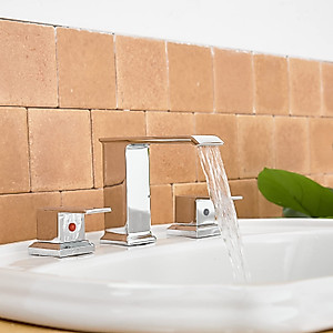 BWE Waterfall Widespread Bathroom Faucet Chrome 3 Holes with Pop Up Drain Stopper with Overflow and Supply Line Lead-Free 2-Handle Bath Lavatory Vanity Sink Mixer Tap Square